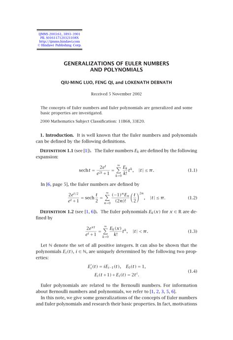 Pdf Generalization Of Euler Numbers And Polynomials