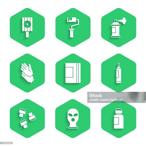 나선형 노트북 Balaclava 페인트 구 아슈 항아리 염료 마커 펜 부착물 고무 장갑 스프레이 캔 및 스프레이 노즐 캡 아이콘을 설정합니다 벡터 공란에 대한 스톡 벡터