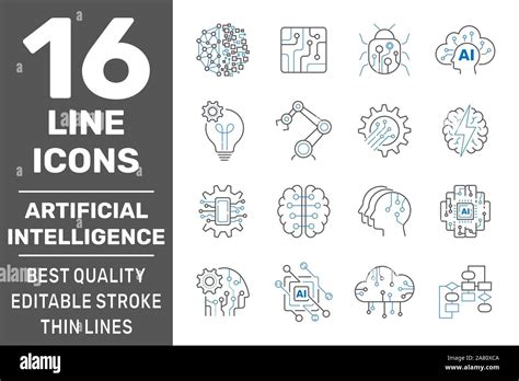 Artificial Intelligence Outline Icons Set Ai Technology Iiot Cyberbrain And Ai Brain Concept