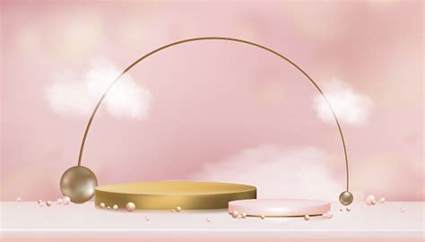 미래지향적인 랜덤 볼 클라우드 및 실린더 포디움 스탠드가 있는 벡터 3d 스튜디오 룸은 흐릿한 버블 구파스텔 백그룬에 골드 디스플레이가 있는 갤러리 룸입니다 3차원 형태에