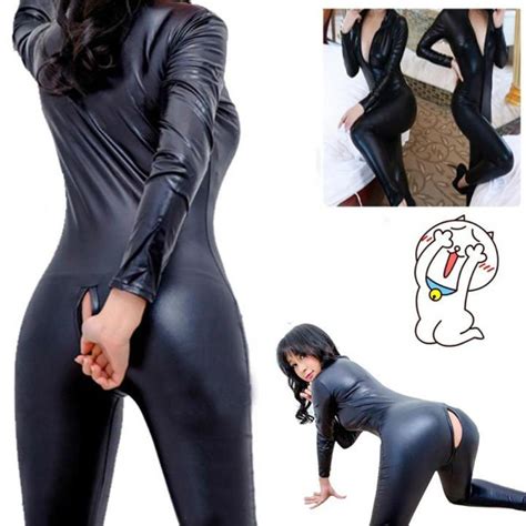 Black Leather Catsuit High Stretchy Jumpsuit Bodysuit Front Zipper Open