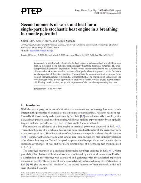 Pdf Second Moments Of Work And Heat For A Single Particle Stochastic Heat Engine In A