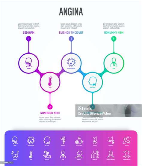 협 심 증 증상 인포 그래픽 템플릿입니다 박테리아 인후통 약점 두통 발열 항생제 기침 인후 스프레이 확대 림프절 공중 감염 가는 선 아이콘입니다 벡터 그림입니다 건강 진단에