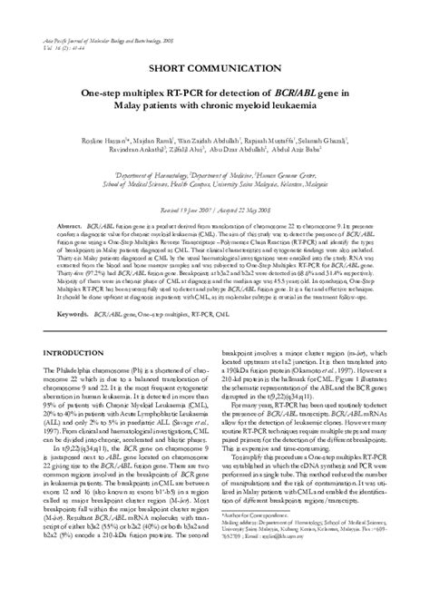 Pdf One Step Multiplex Rt Pcr For Detection Of Bcrabl Gene In Malay