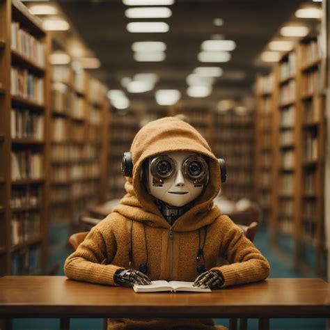 Premium Photo Cute And Adorable Robot Wearing A Tan Knit Sweater Leaning At A Table In A Library