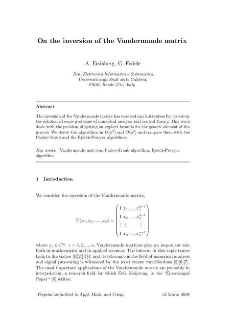 Pdf On The Inversion Of The Vandermonde Matrix