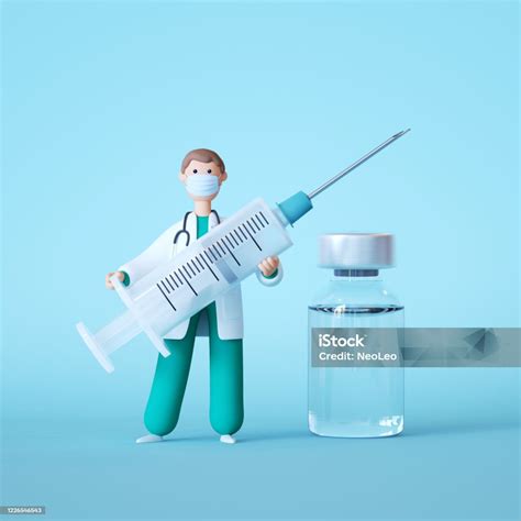3d 렌더링 큰 주사기를 들고 만화 의사 캐릭터 명확한 액체와 유리 병 근처에 서 파란색 배경에 격리된 클립 아트입니다 예방 접종 의료 개념 바이러스 백신 백신접종에 대한