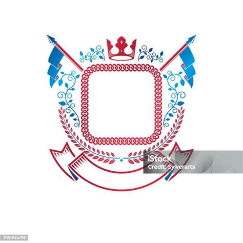 고대 크라운과 월계수 화환으로 만든 그래픽 엠블럼 리본으로 장식 된 헤럴드 벡터 디자인 요소입니다 복고풍 스타일 라벨 헤럴드 로고 골동품에 대한 스톡 벡터 아트 및 기타