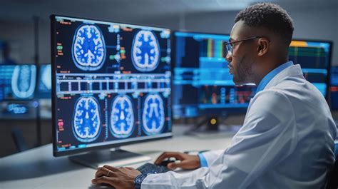 Scientist In Lab Coat Analyzing Data On Computer Screen 49091093 Stock