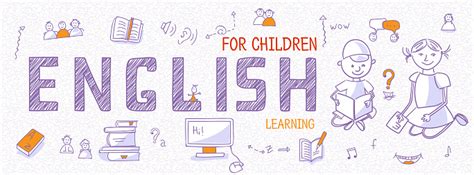 어린이 언어 학교 또는 코스에 대한 수평 인터넷 배너 가르치고 영어를 배운다 파란색 윤곽선 아이콘 기호 흰색 배경에 표지판 파노라마 뷰 벡터의 라인 아트 일러스트 개념