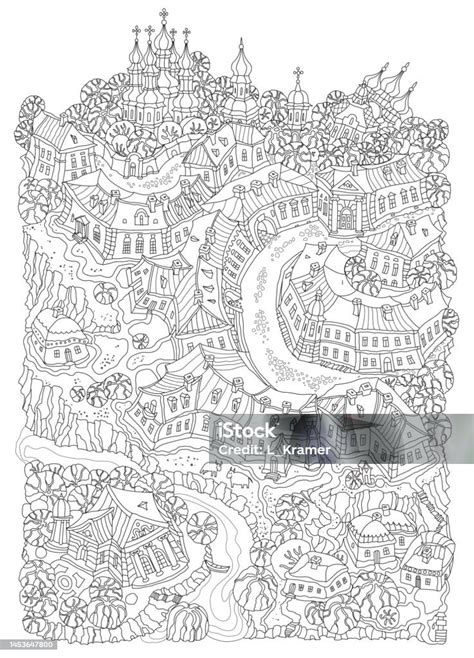 벡터 흑백 윤곽선 판타지 풍경 동화 속 작은 마을 마을 거리 교회 집 정원 나무와 강 성인과 어린이 색칠하기 책 페이지 중세에