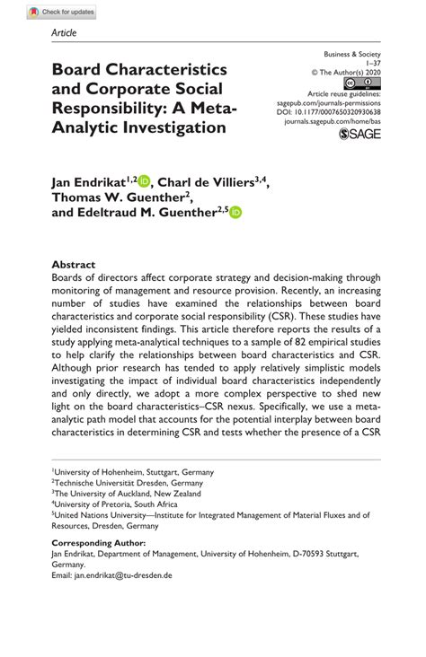 Pdf Board Characteristics And Corporate Social Responsibility A Meta