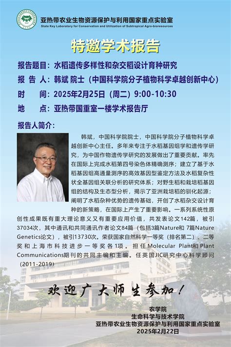 特邀学术报告水稻遗传多样性和杂交稻设计育种研究韩斌 亚热带农业生物资源保护与利用国家重点实验室
