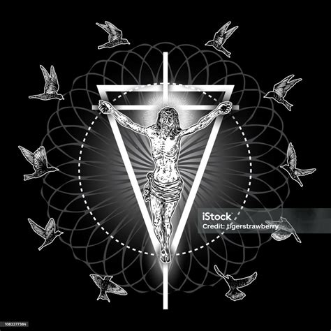 예수 그리스도 십자가 까마귀 또는 까마귀 새 무리 그 주위를 비행 새로운 현대 시각적 해석 기독교 기도 종교와 신비로운 영적 경험의 상징 벡터입니다 T 셔츠에 대한 스톡