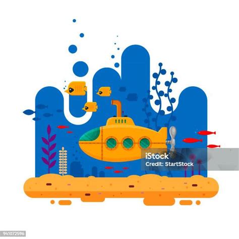 잠 망 경 수 중 개념 노란 잠수함 물고기 산호 해 초 화려한 푸른 바다 풍경와 바다 생활 바스 스카프 서식 파일 배너 로고 포스터 또는 전단지 커버평면 벡터 일러스트 레이