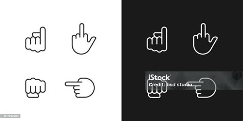 손가락과 주먹 픽셀을 가리키는 어두운 테마를위한 완벽한 흰색 선형 아이콘은 어둡고 밝은 모드로 설정됩니다 0명에 대한 스톡 벡터