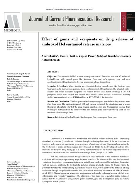 Pdf Effect Of Gums And Excipients On Drug Release Of Ambroxol Hcl Sustained Release Matrices