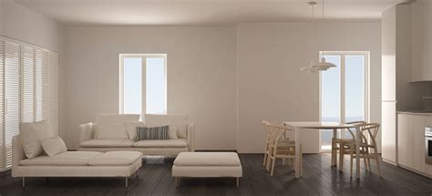 미니멀한 스 칸디 나 비아 거실 주방 및 식탁 소파 Pouf 및 긴의 자 파노라마 창 현대 흰색과 회색 인테리어 디자인 부엌에 대한 스톡 사진 및 기타 이미지 Istock