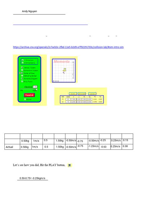 Kami Export 6 Gwc Physics 185 Online Lab Collision Phet Lab 1 1 Pdf Momentum Collision