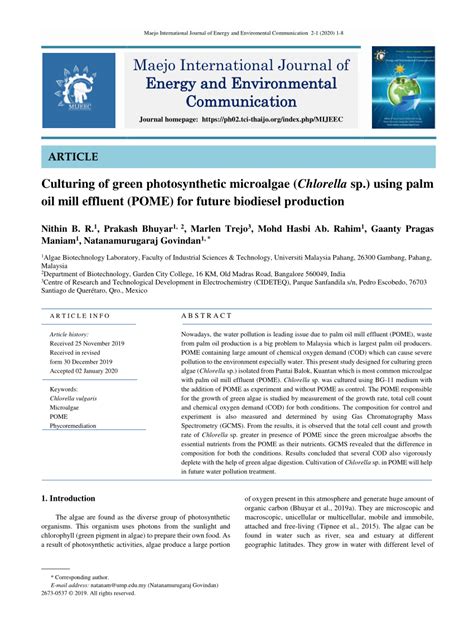 Pdf Culturing Of Green Photosynthetic Microalgae Chlorella Sp Using Palm Oil Mill Effluent