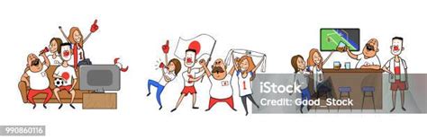 국가 축구 팀 지지 자들은 함께 바에 집에서 응원 국가 특성으로 축구 팬 들의 집합입니다 컬러 평면 벡터 일러스트입니다 흰색 배경에 고립 Playoffs에 대한 스톡 벡터