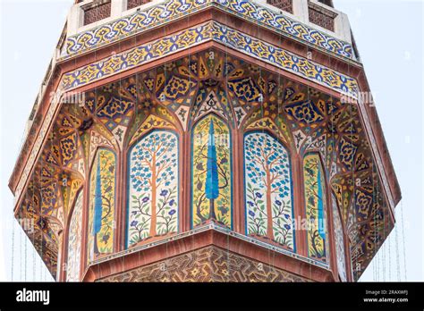 Detail Of Colorful Kashi Kari Or Faience Mosaic Decoration On Minaret Of Mughal Era Wazir Khan