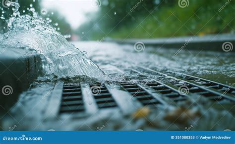 Urban Rainwater Flows Into Storm Drain Water Rushes From Downpipe City Drainage System Handles