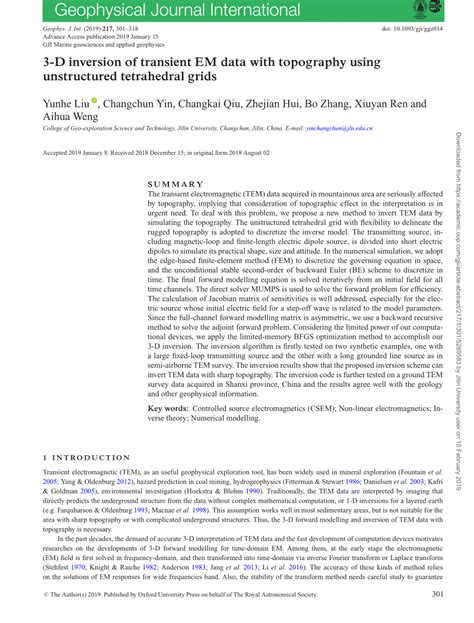 Pdf 3 D Inversion Of Transient Em Data With Topography Using