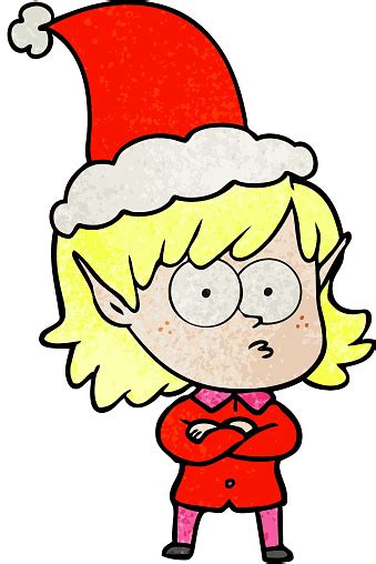 산타 모자를 쓰고 쳐다보는 엘프 소녀의 손으로 그린 질감 만화 꼬마 요정에 대한 스톡 벡터 아트 및 기타 이미지 꼬마 요정 낙서 드로잉 놀라움 Istock