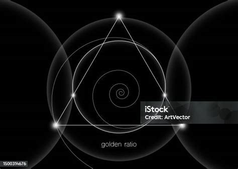 맞물리는 원 삼각형 및 나선은 황금 비율 피보나치 나선형이 있는 신성한 기하학 그림을 힙스터합니다 검은색 배경에 분리된 흰색 선