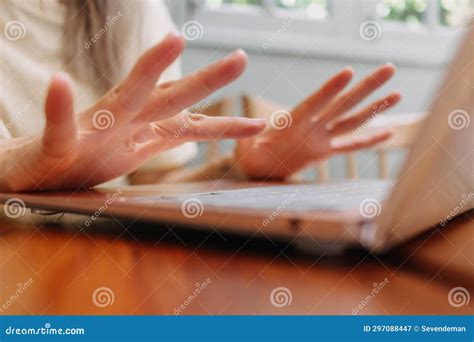 Close Up Of Hands And Fingers Typing Laptop Keyboard Working Online In Cafe Stock Image Image