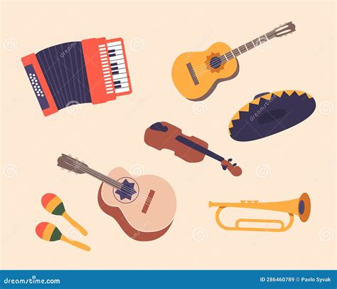Set Of Mexican Musical Instruments And Sombrero Maracas Guitarron