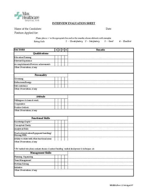 Interview Evaluation Form Pdf Nursing Evaluation