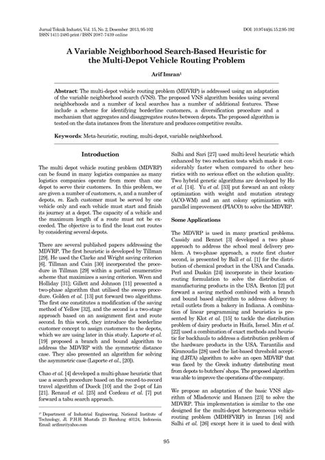 Pdf A Variable Neighborhood Search Based Heuristic For The Multi Depot Vehicle Routing Problem