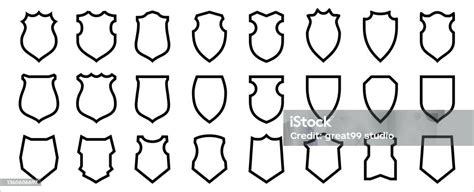 쉴드 아이콘 벡터 세트입니다 보호 및 보안 기호 그림 엠블럼과 라벨 프레임에 대한 모양이 다른 모듬 방패 플랫 라인 스타일 디자인 템플릿 개념에 대한 스톡 벡터 아트 및