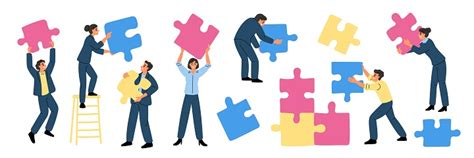 퍼즐을 맞추는 사람들 팀워크 프로세스 큰 판지 조각이 있는 작은 캐릭터 동료들이 일합니다 직원들이 퍼즐에 가입합니다 문제를 해결하는 사업가 화려한 벡터 개념 개념에 대한
