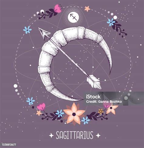 점성술 궁수 조디우스 조디악 기호현대 마법 마술 카드 사실적인 손 그리기 활과 화살표 그림 고풍스런에 대한 스톡 벡터 아트 및