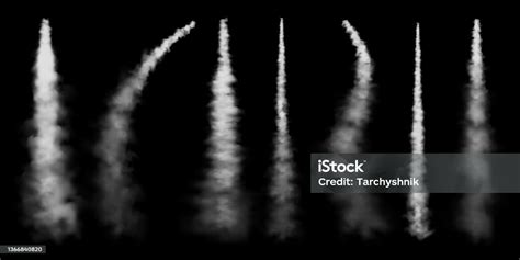 현실적인 비행기 응축 트레일 우주 로켓 발사 미사일 또는 총알 흔적 제트 항공기 트랙 하얀 연기 구름 안개 증기 흐름 벡터