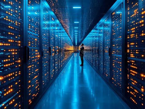 Person Standing In A Brightly Lit Blue Toned Data Center Room Filled With Server Racks And High