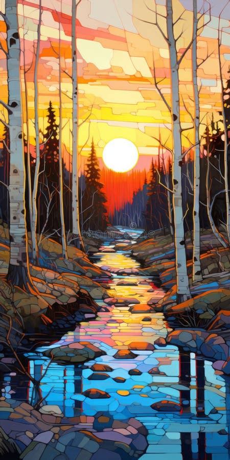 Hyper Detailed Birch Tree Forest Sunset Inspired By Erin Hanson Stock