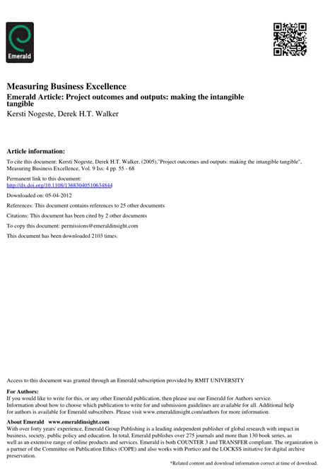 Pdf Project Outcomes And Outputs Making The Intangible Tangible