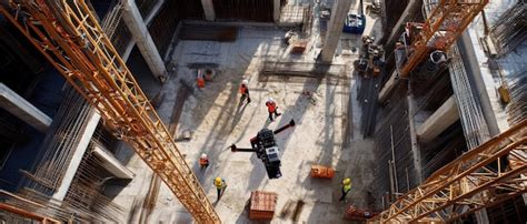 Aerial View Of Construction Workers Inspecting A Drone On A Concrete