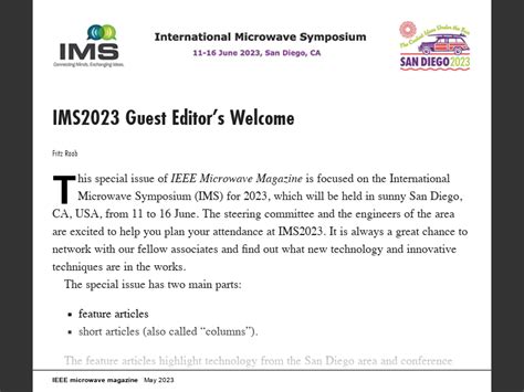IEEE Microwave Magazine May 2023IMS2023 Guest Editors Welcome