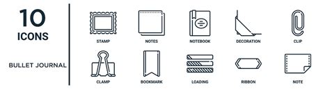 불렛 저널 개요 아이콘 세트에는 얇은 선 스탬프 노트북 클립 책갈피 리본 메모 보고서 프레젠테이션 다이어그램 웹 디자인에 대한