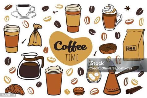 원두 과자 컵 커피가 있는 커피 세트 벡터 손으로 그린 그림은 패키지 벽지 포장지 메뉴 또는 섬유 디자인을 위해 흰색 배경에 갈색으로 그려져 있습니다 커피잔에 대한 스톡