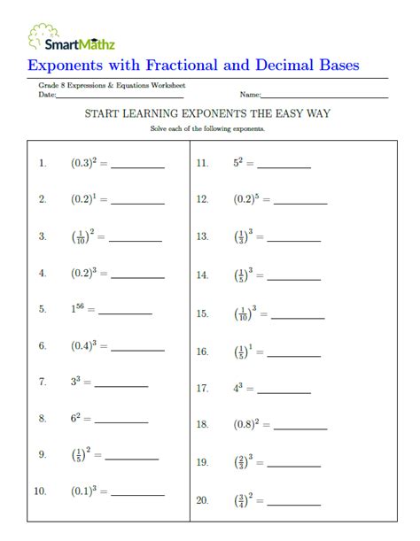 Exponents With Fractional Decimal Bases Smartmathz