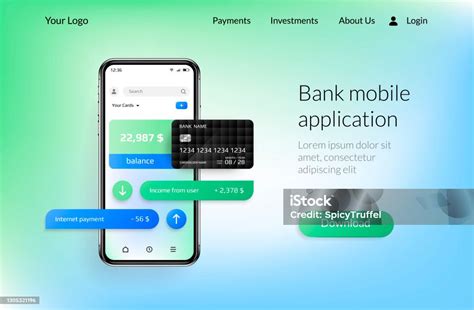 뱅킹 앱 방문 페이지입니다 모바일 결제 및 금융 계좌 온라인 은행 응용 프로그램에 대한 스마트 폰 Ui 다운로드를 위한 복사 공간과 버튼이 있는 벡터 사실적인 웹 사이트