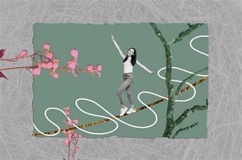 콜라주 작품 그림 쾌활한 긍정적인 여자 균형 서있는 현 건조한 나뭇 가지 절연 통 그리기 배경 20 24세에 대한 스톡 사진 및 기타 이미지 Istock