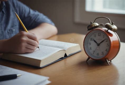 Alarm Clock With Books On The Table Of A Babe Doing Homework At Home Close Up Stock