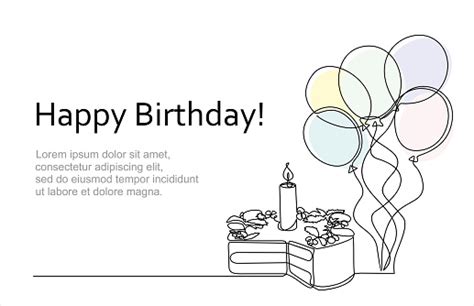 생일 케이크와 풍선의 연속 선 그리기 달콤한 크림과 촛불 케이크 흰색 배경에 격리된 생일 축하 개념 손으로 그린 디자인 벡터